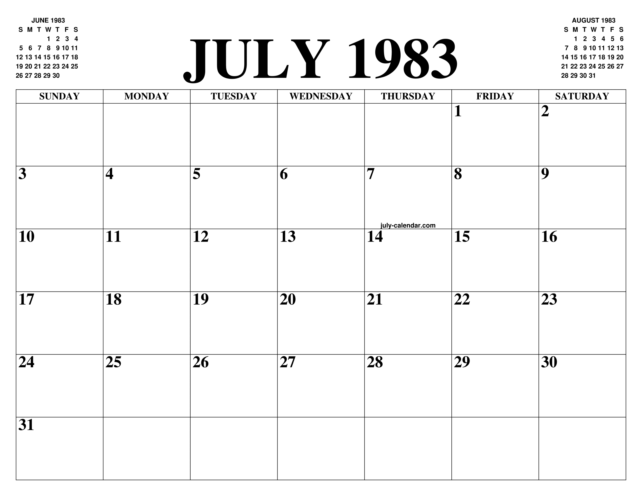 JULY 1983 CALENDAR OF THE MONTH FREE PRINTABLE JULY CALENDAR OF THE